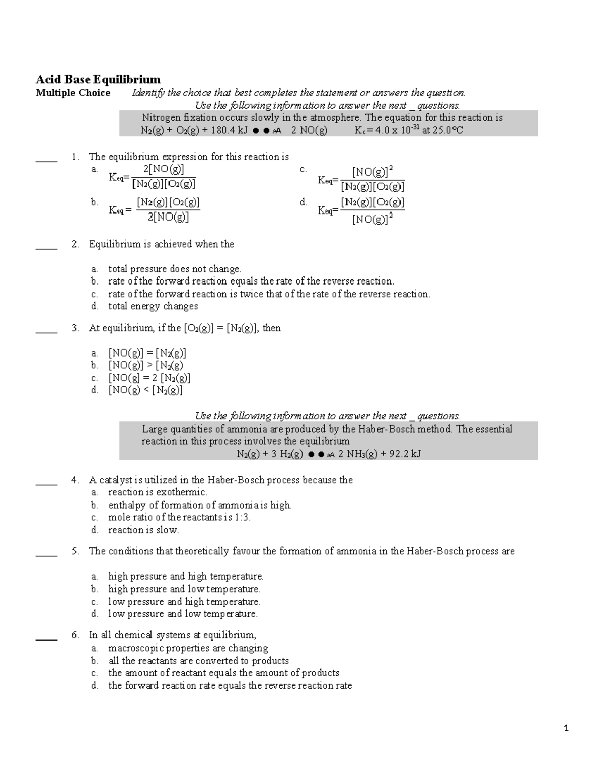 Acid Base Equilibrium Diploma Questions - Acid Base Equilibrium ...