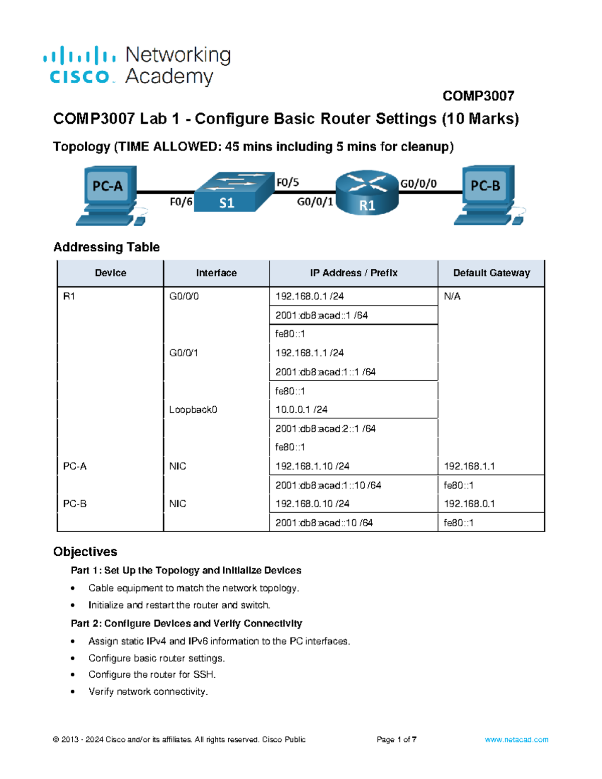 Lab1 CNI24 - COMP COMP3007 Lab 1 - Configure Basic Router Settings (10 ...