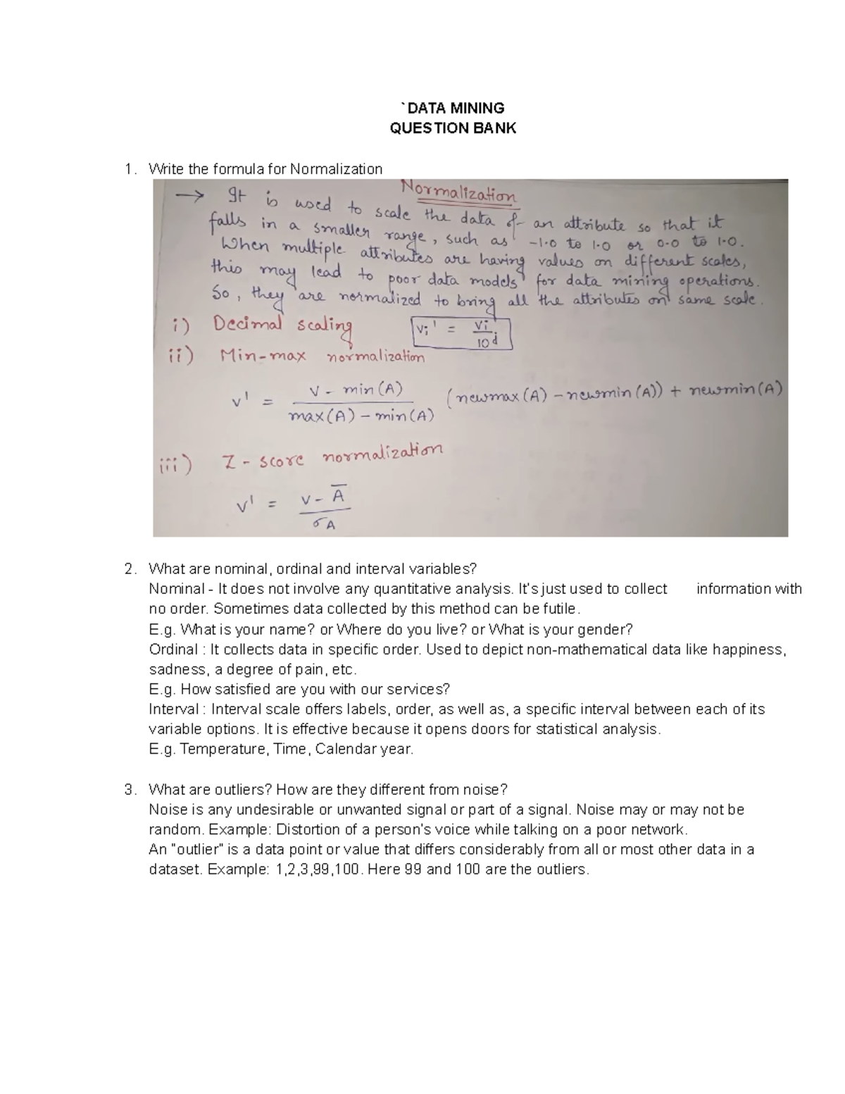 DATA Mining - Question Bank (with Answers) - `DATA MINING QUESTION BANK Write the formula for ...