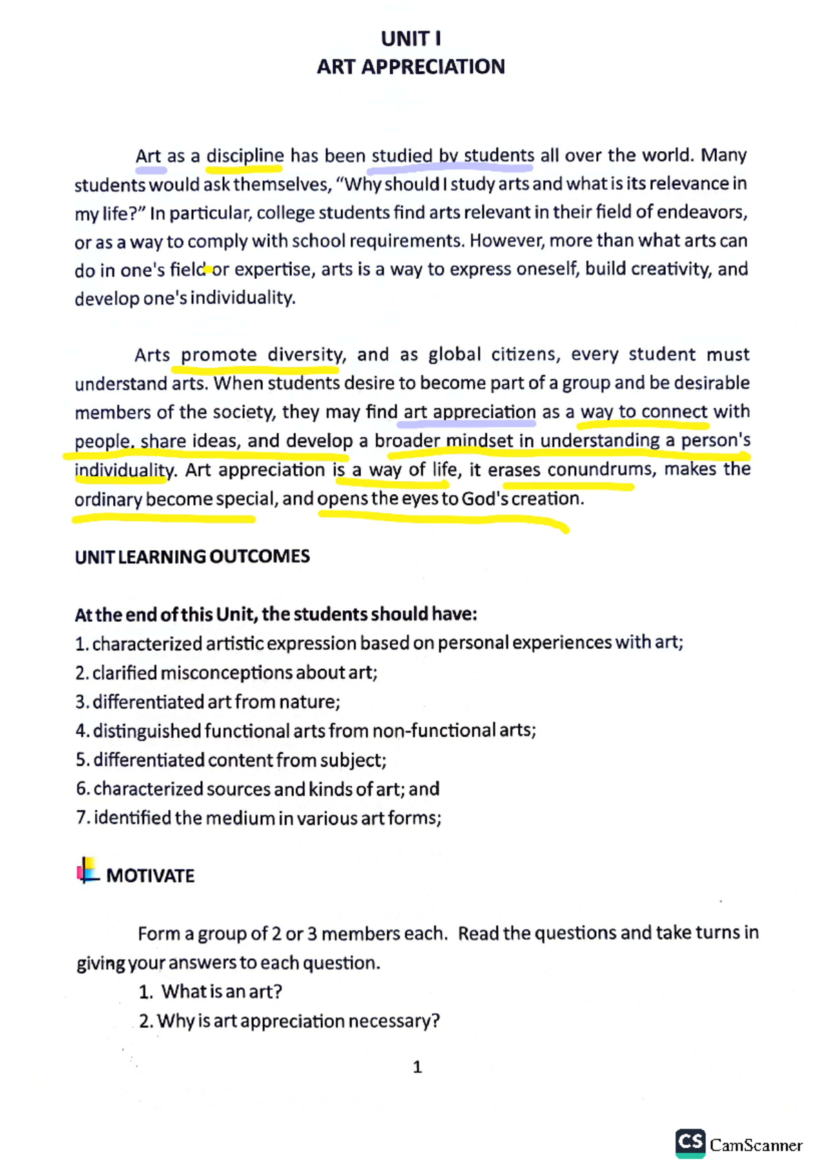 ART Appre UNIT 1 - UNIT I ART APPRECIATION Art as a discipline has been ...