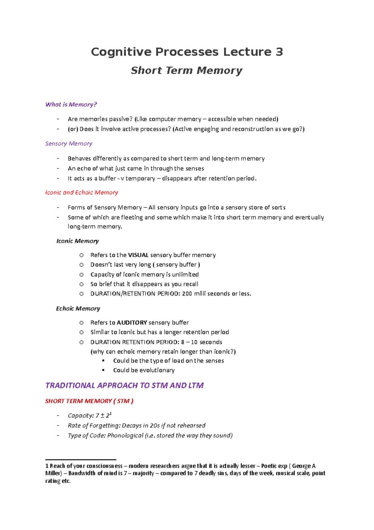 Cognitive Processes Lecture 3 Short Term Memory - Studocu