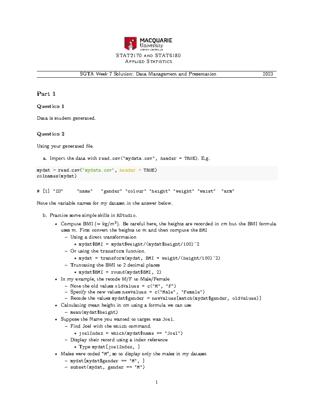 Document sol - SGTA - STAT2170 and STAT Applied Statistics SGTA Week 7 Solution: Data Management ...
