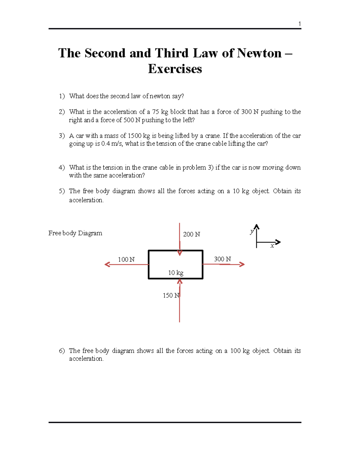 Exercises Newton 2nd and 3rd law - 1 The Second and Third Law of Newton ...
