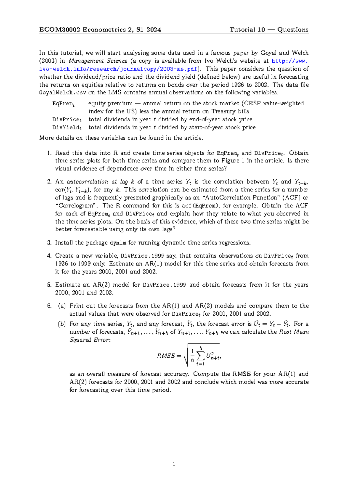Tutorial 10 - notes - ECOM30002 Econometrics 2, S1 2024 Tutorial 10 ...