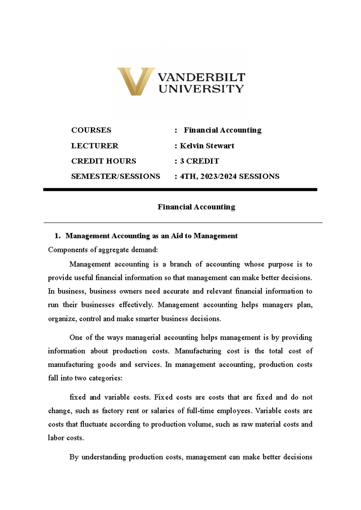 Management Accounting as an Aid to Management - COURSES : Financial ...