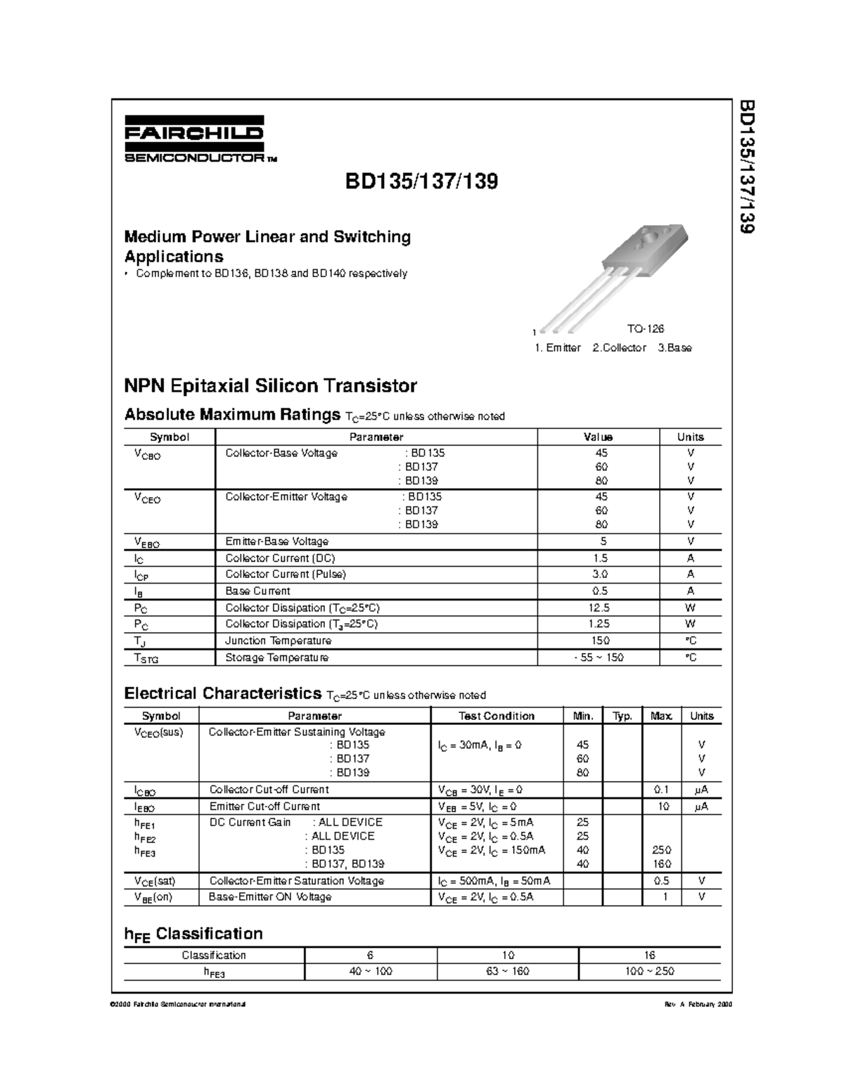 NPN BD135 manual de servicio, manual de usuario - ©2000 Fairchild ...