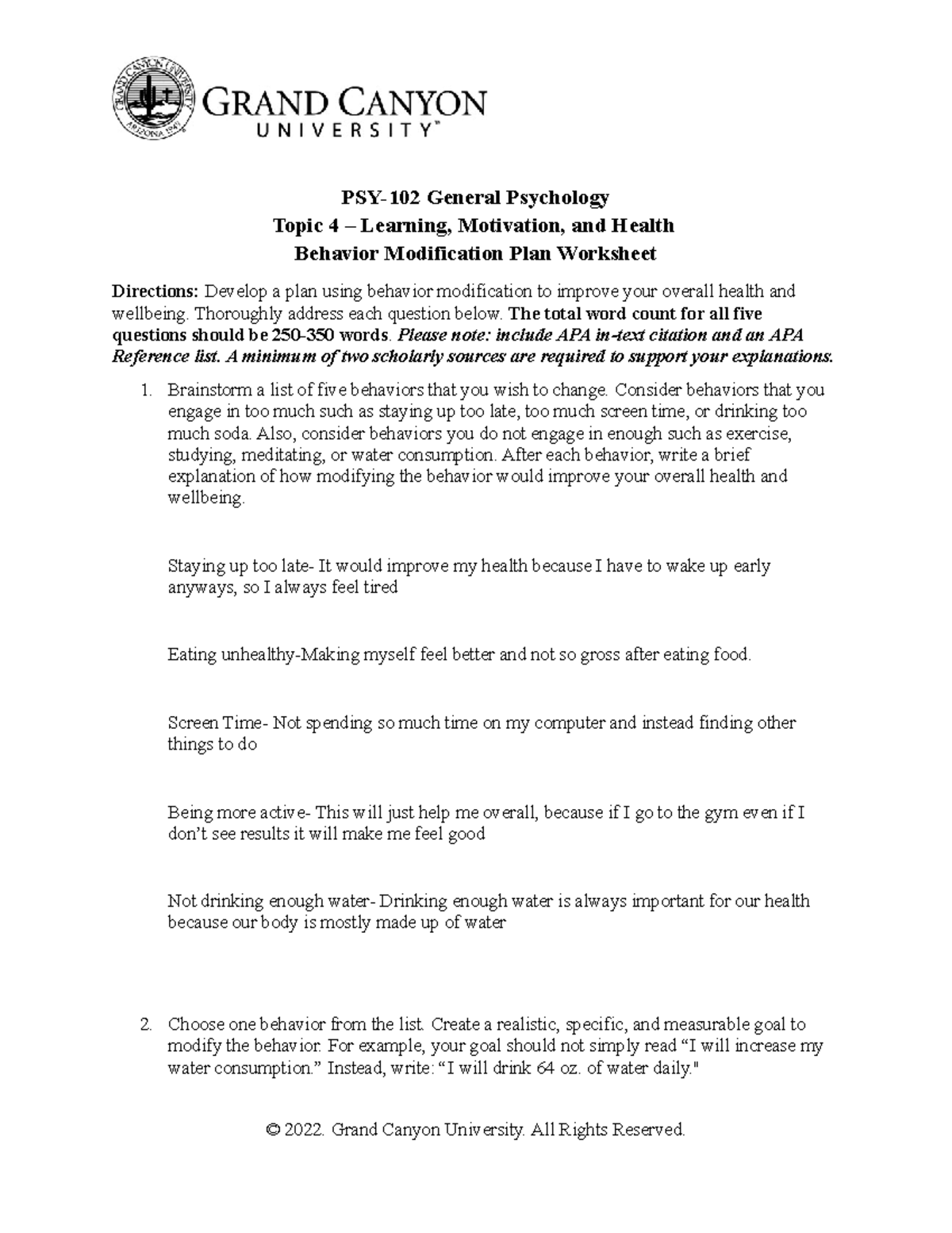 PSY 102 RS T4 Behavior Modification Plan - PSY-102 General Psychology ...