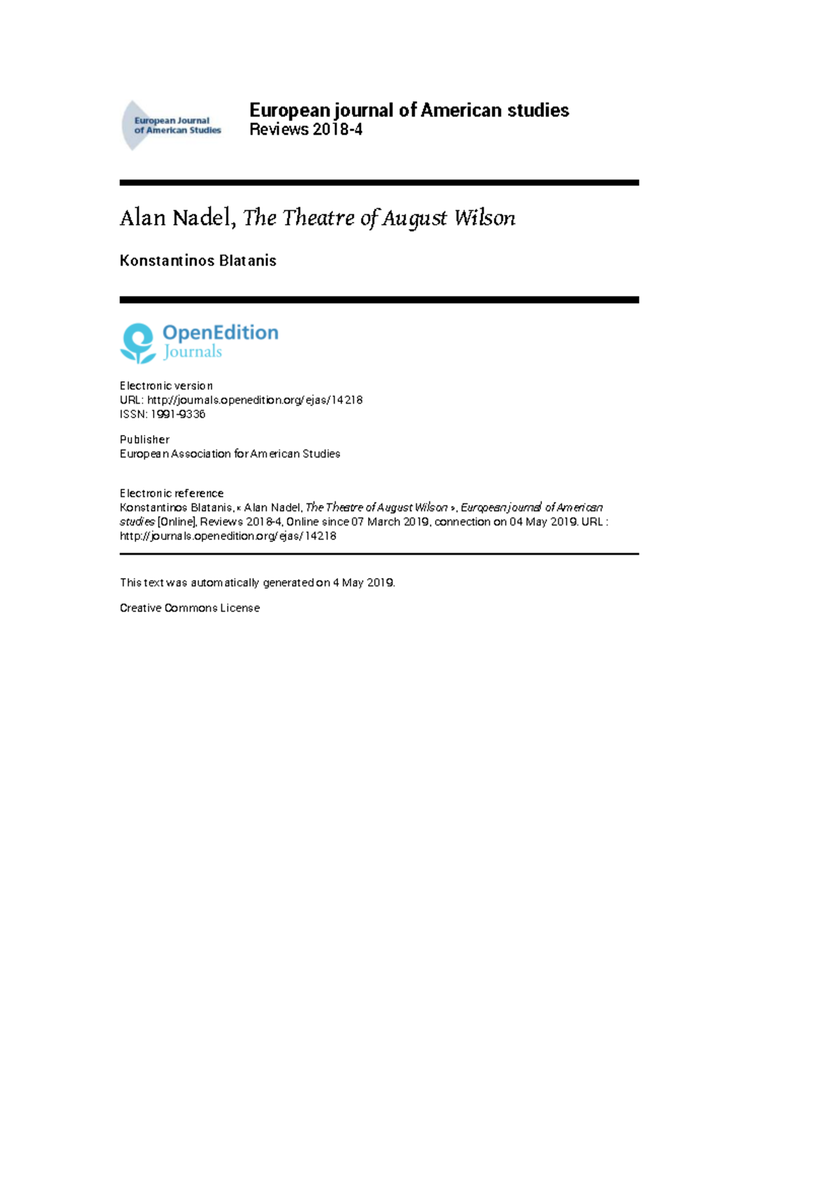 Alan Nadel, The Theatre of August Wilson - European journal of American ...