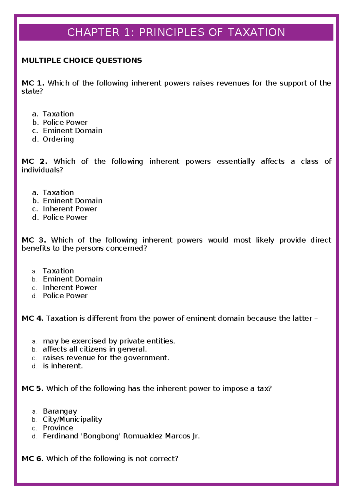 Chapter 1 Principle of Taxation MCQ - CHAPTER 1: PRINCIPLES OF TAXATION ...