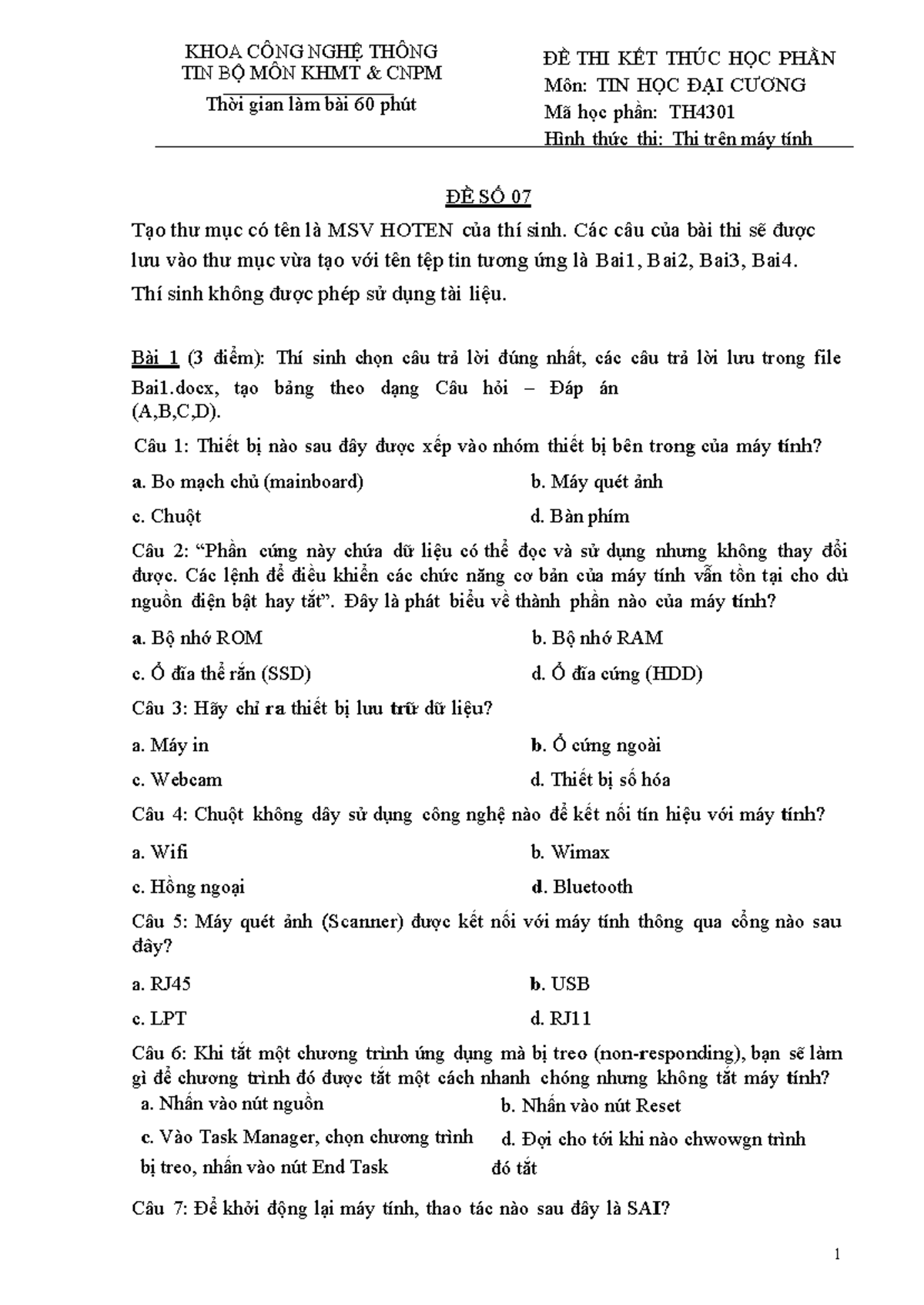 (Beware, scamming document) - KHO A CÔ NG NGH Ệ THÔ NG T IN BỘ MÔ N KH M T & C NPM Thời gian làm ...