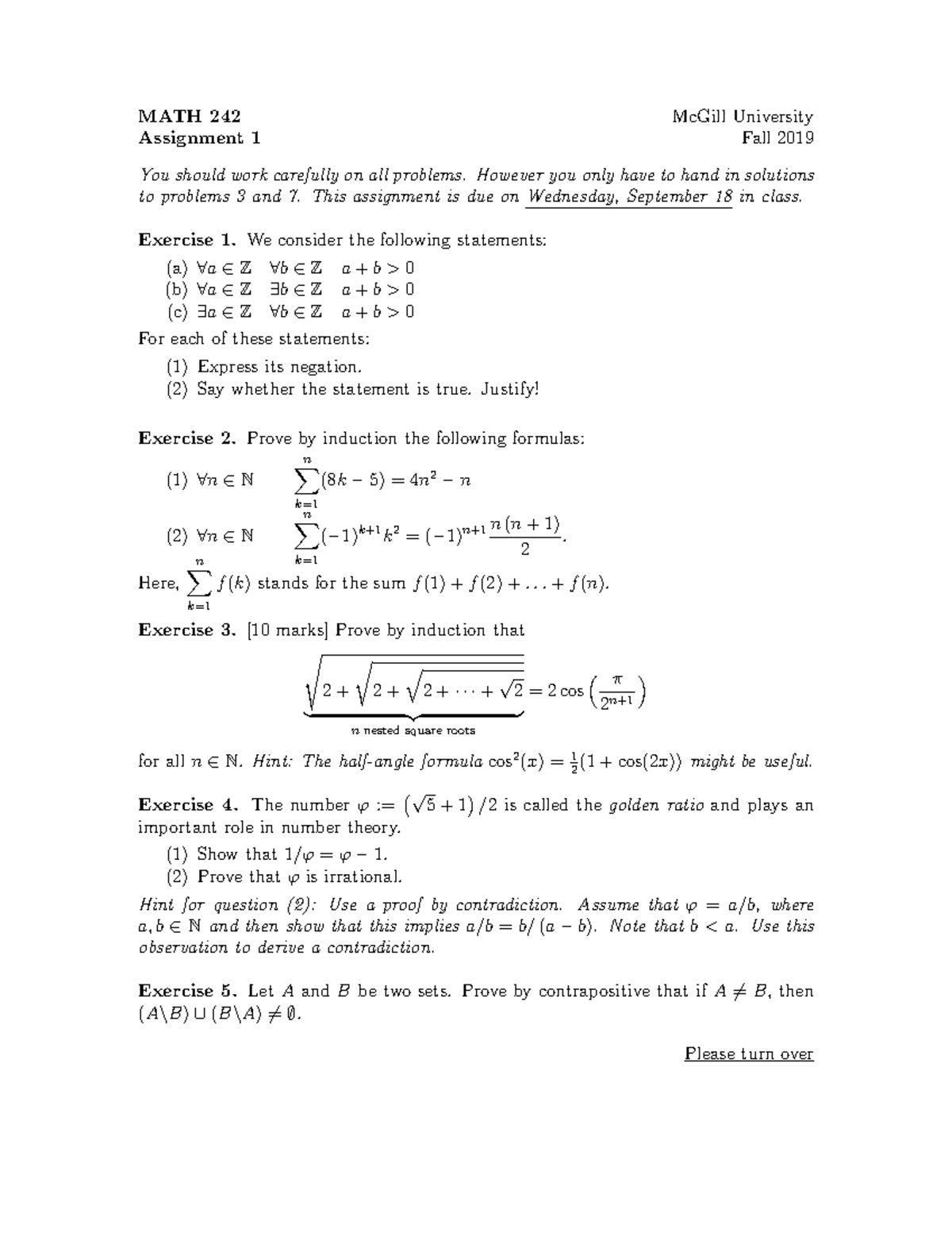 F19 Math242Assignment 1 - MATH 242 Assignment 1 McGill University Fall ...