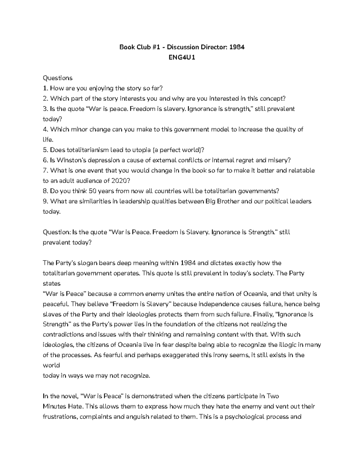 Book Club #1 - Discussion Director 1984 - Studocu