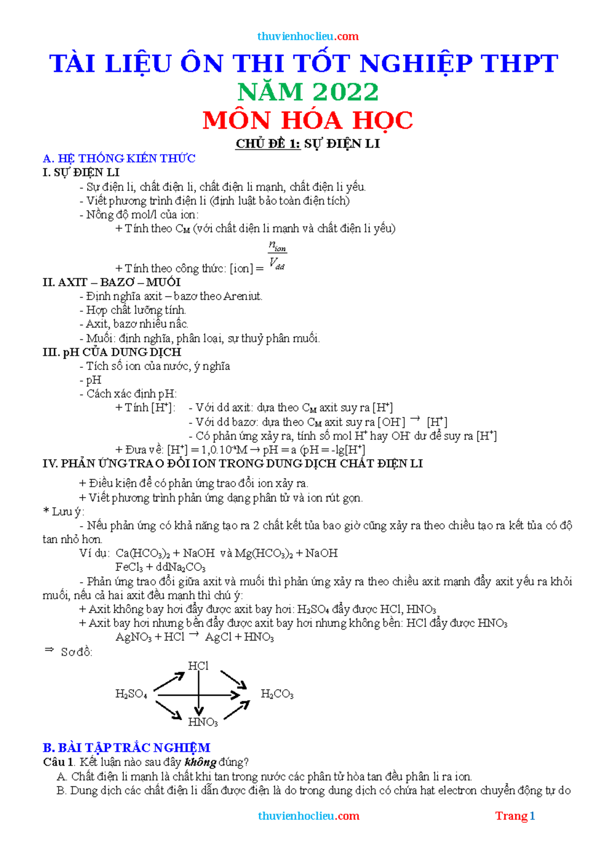 Thuvienhoclieu - TÀI LIỆU ÔN THI TỐT NGHIỆP THPT NĂM 2022 MÔN HÓA HỌC CHỦ ĐỀ 1: SỰ ĐIỆN LI A. HỆ ...
