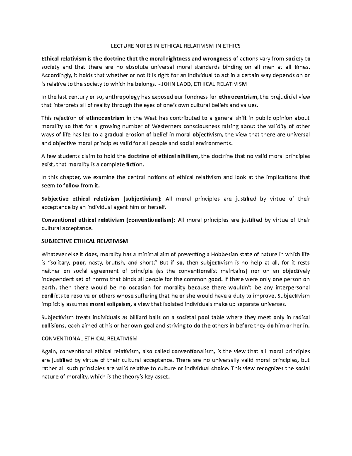 Lecture Notes IN Ethical Relativism IN Ethics - LECTURE NOTES IN ...