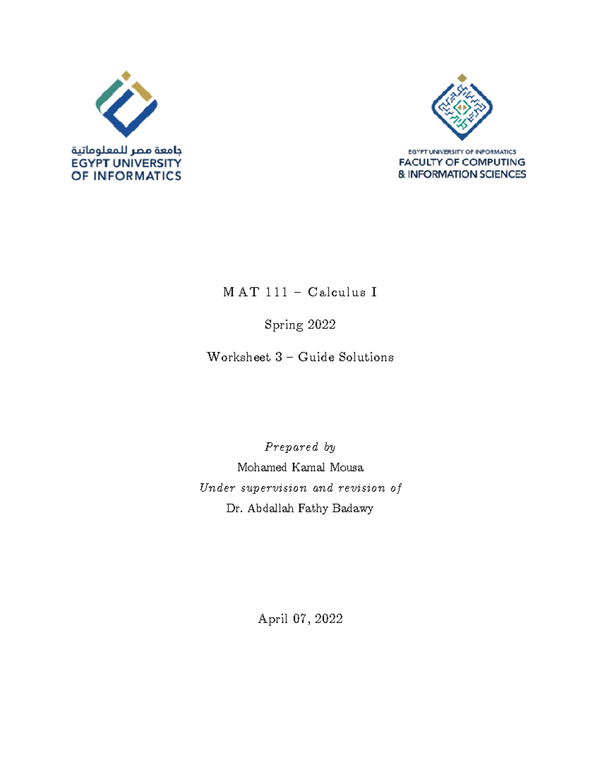 Worksheet-3-solutions - M A T 111 – C alculus I Spring 2022 Worksheet 3 ...