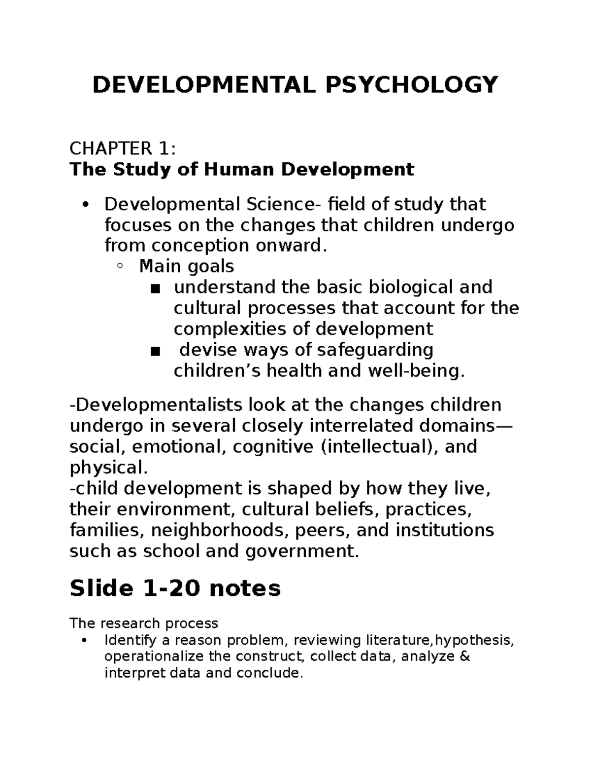 whole years notes 2020 - DEVELOPMENTAL PSYCHOLOGY CHAPTER 1: The Study ...