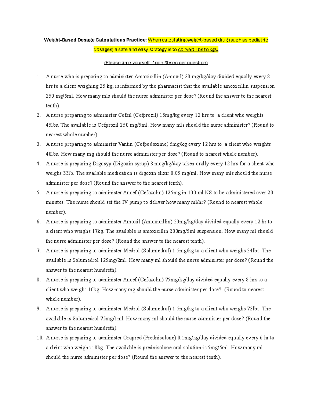 Peds Dosage Exam Practice - Weight-Based Dosage Calculations Practice ...