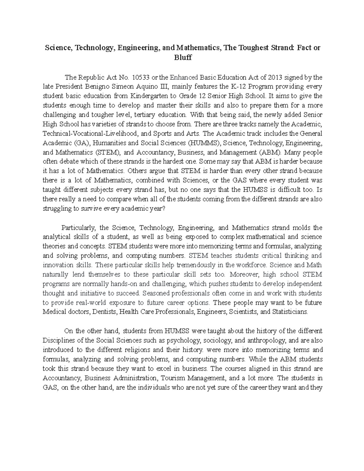 Stem - essay - Science, Technology, Engineering, and Mathematics, The ...