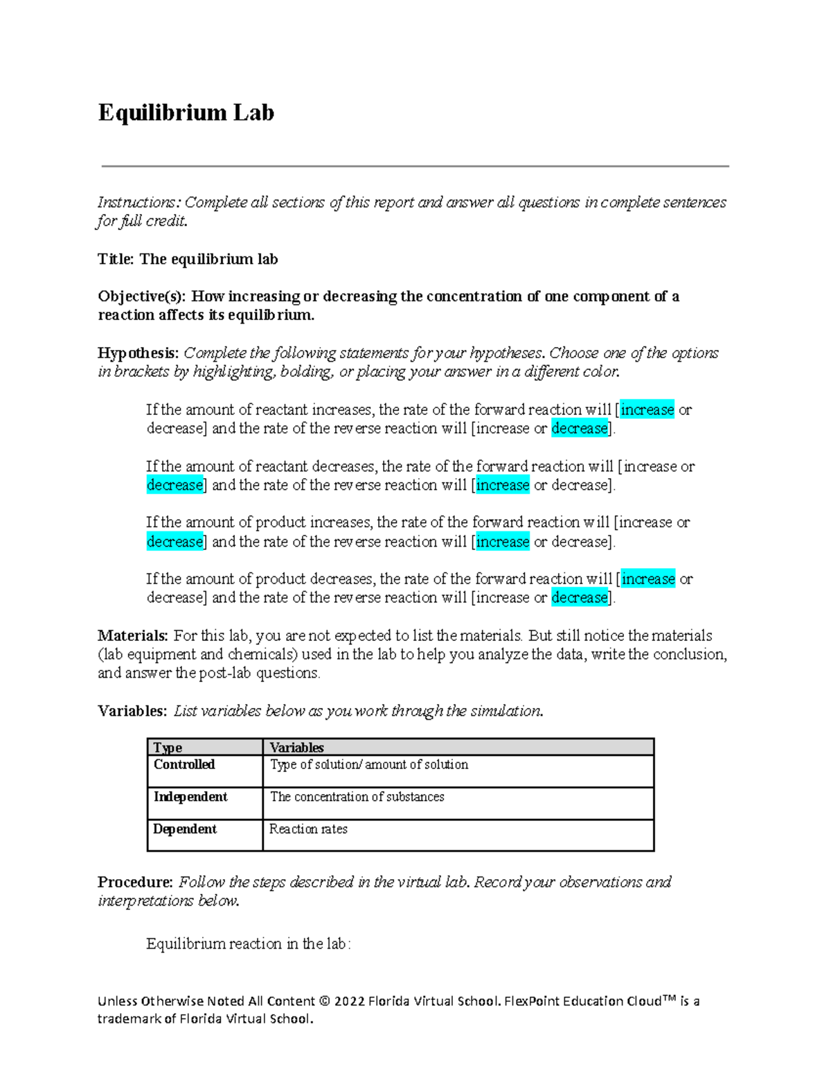 Lab report - Good answers - Equilibrium Lab Instructions: Complete all ...