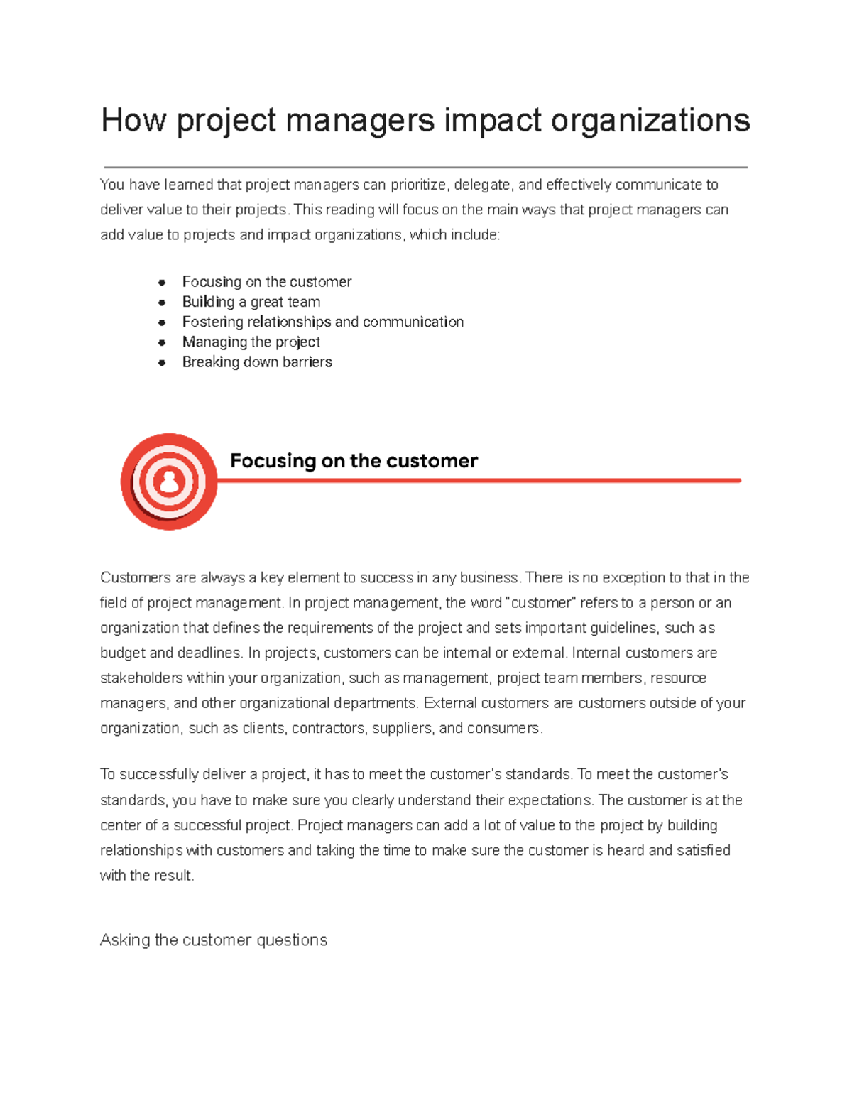 How project managers impact organizations - This reading will focus on ...