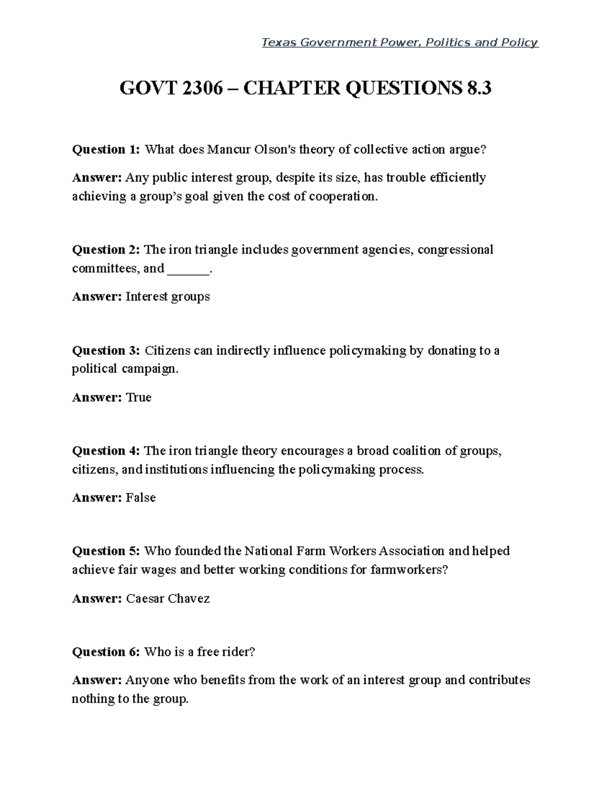 GOVT-2306 Chapter 8.3 Questions and Answers - Texas Government Power ...