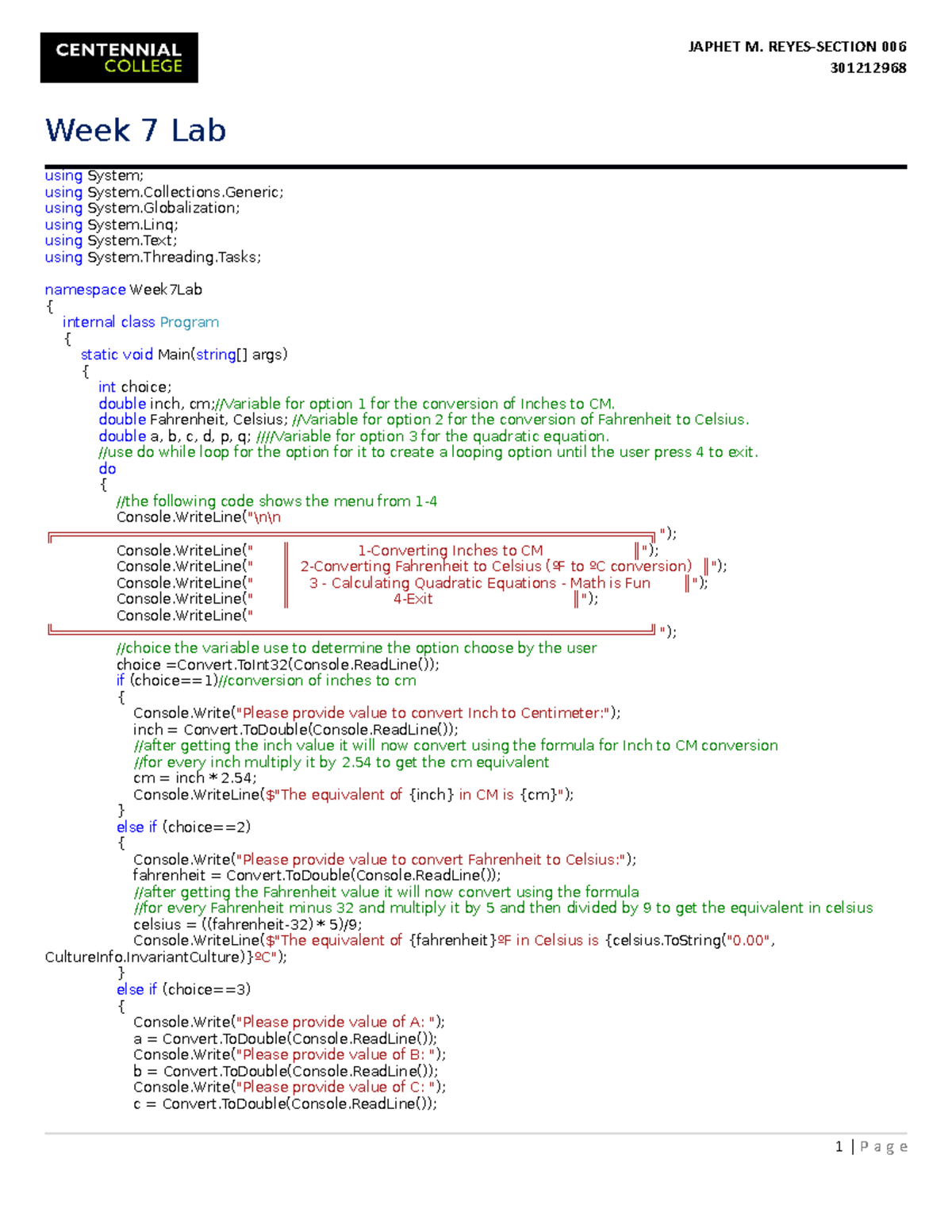 Week7Lab #68 - c# codes - JAPHET M. REYES-SECTION 006 301212968 Week 7 ...