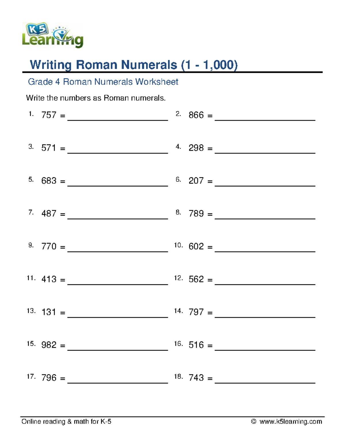 Grade 4 roman numerals write 1 1000 f - Online reading & math for K-5 ...