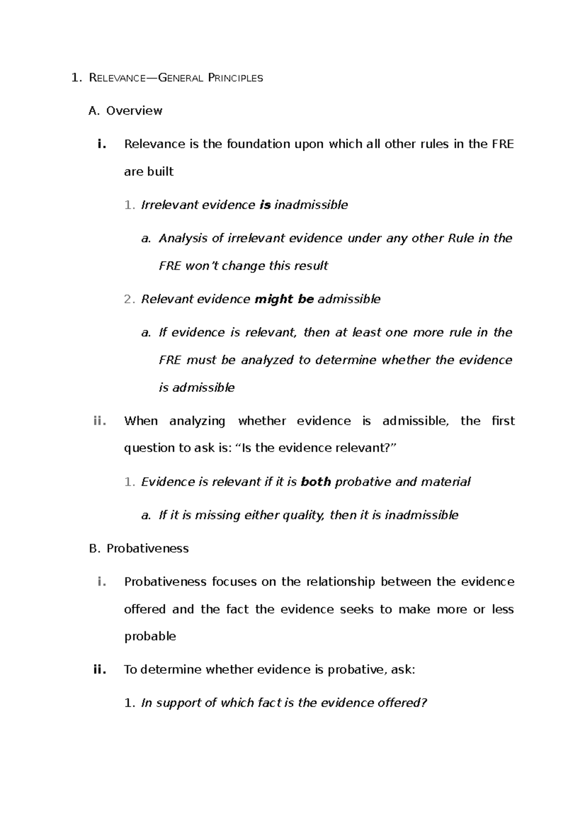 Evidence - Analysis ON Relevance - Materiality + cases and class notes ...