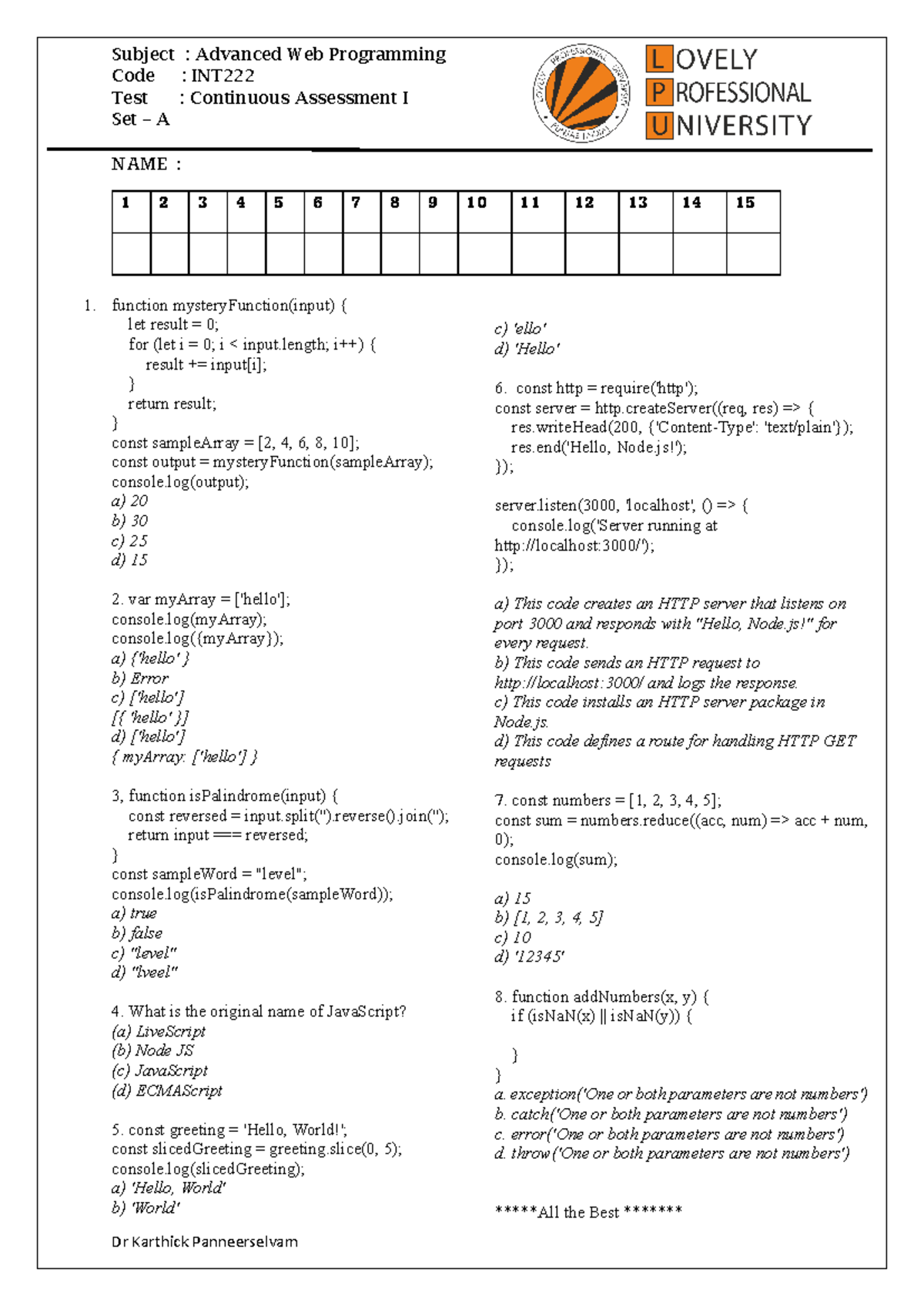 CA1 Set A - aSSISGNMENT OF THIS CORSE - Dr Karthick Panneerselvam Subject : Advanced Web ...