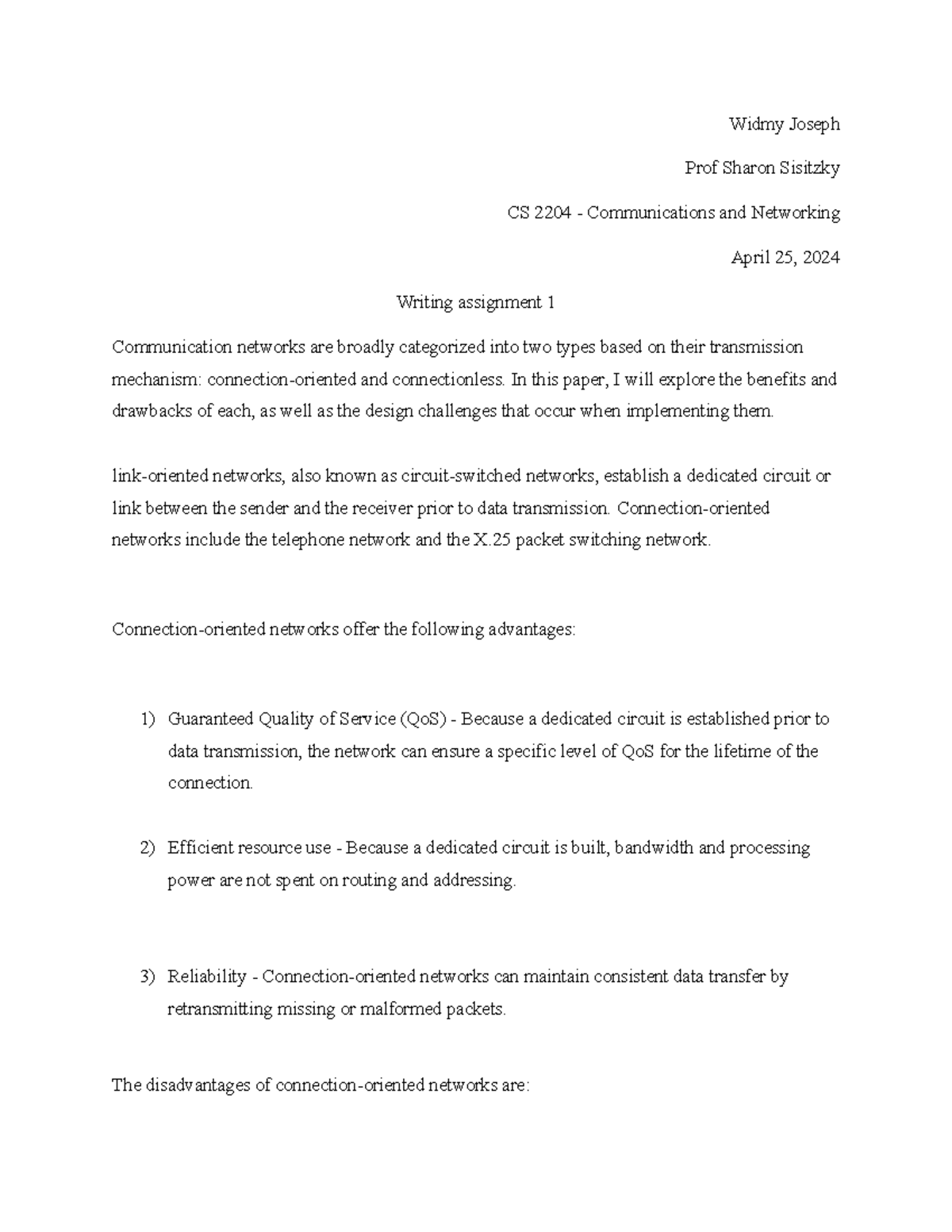 Writing assignment 1 - Widmy Joseph Prof Sharon Sisitzky CS 2204 - Communications and Networking ...