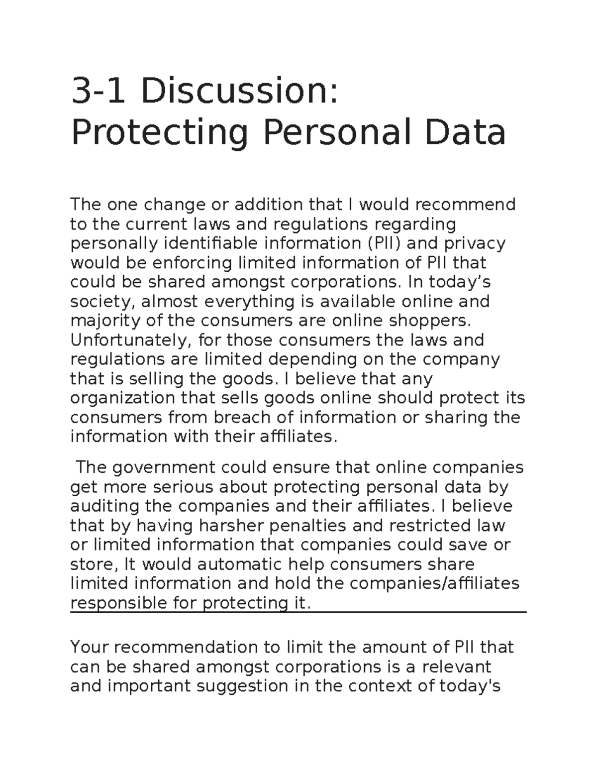 IT313 Module 3 - DISCUSSION - 3-1 Discussion: Protecting Personal Data ...