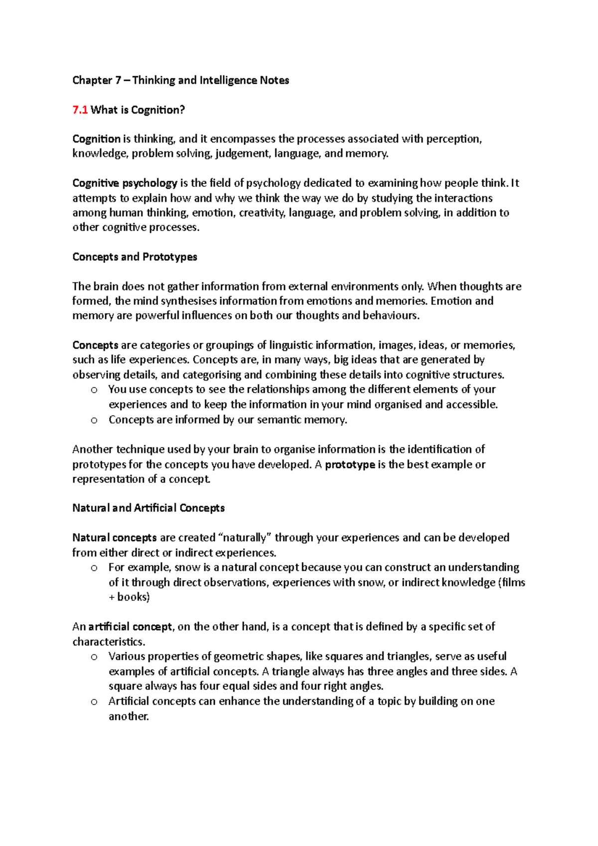 Chapter 7 Thinking and Intelligence Notes - Chapter 7 – Thinking and ...
