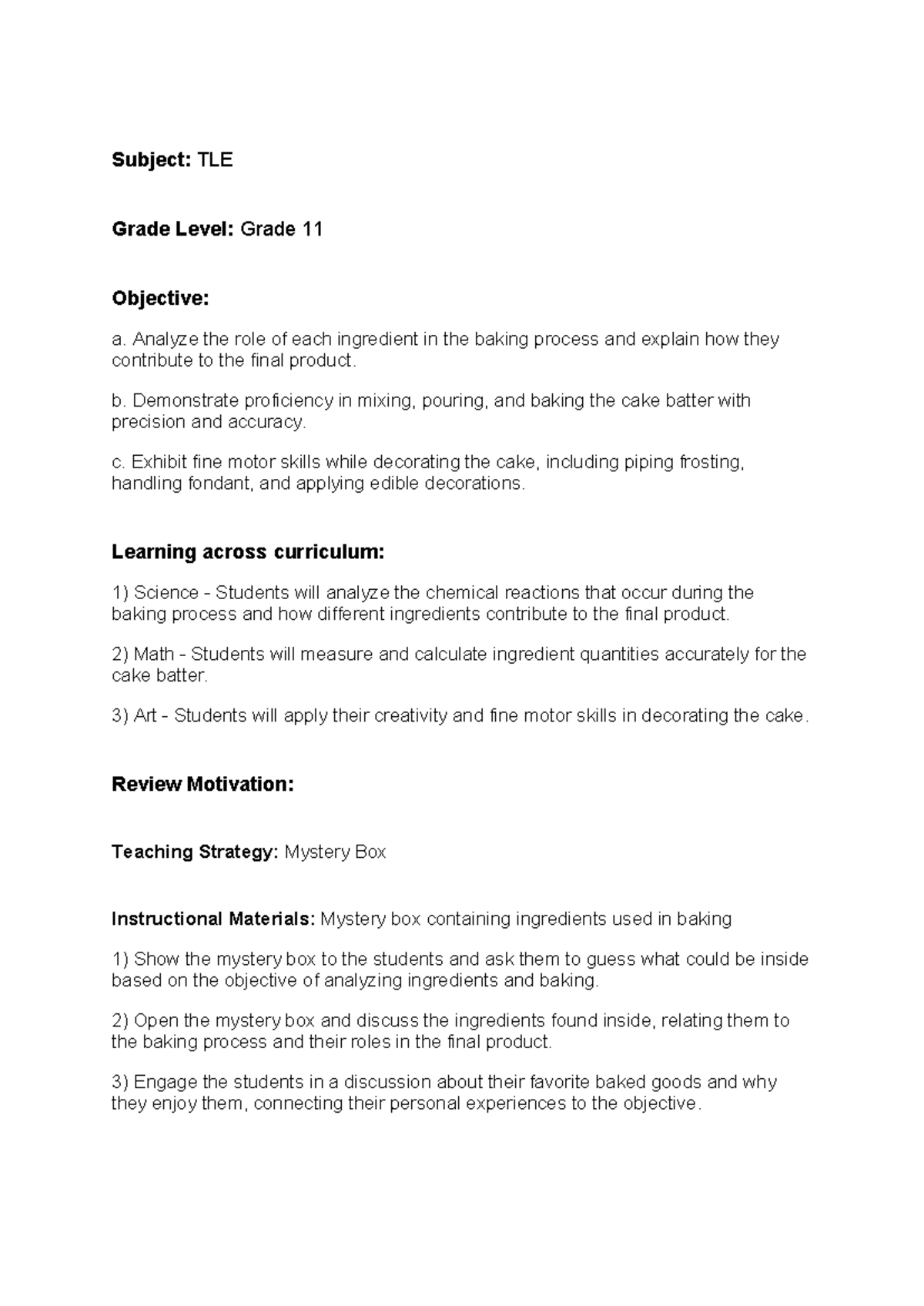 Lesson plan - Subject: TLE Grade Level: Grade 11 Objective: a. Analyze ...