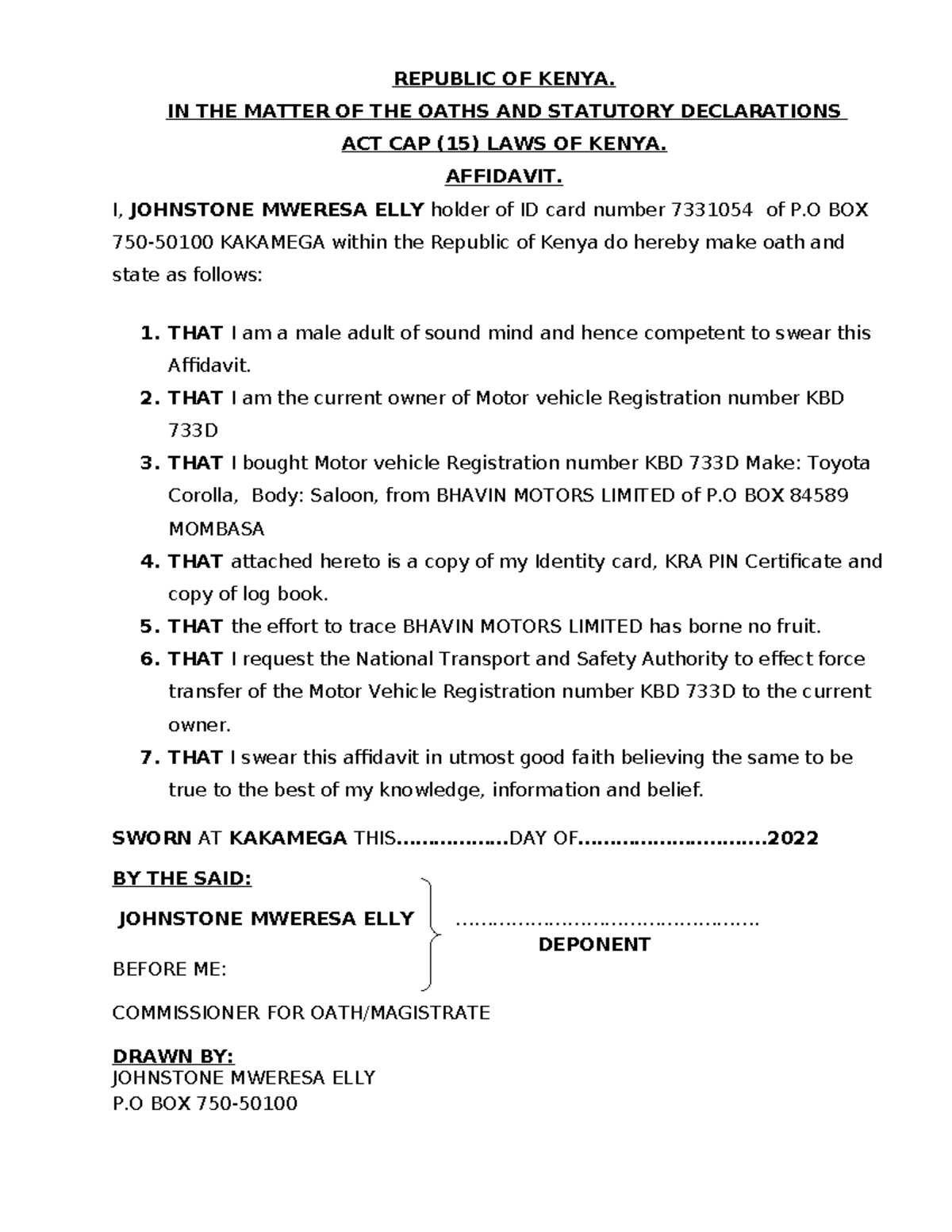 Affidavit NTSA - REPUBLIC OF KENYA. IN THE MATTER OF THE OATHS AND ...
