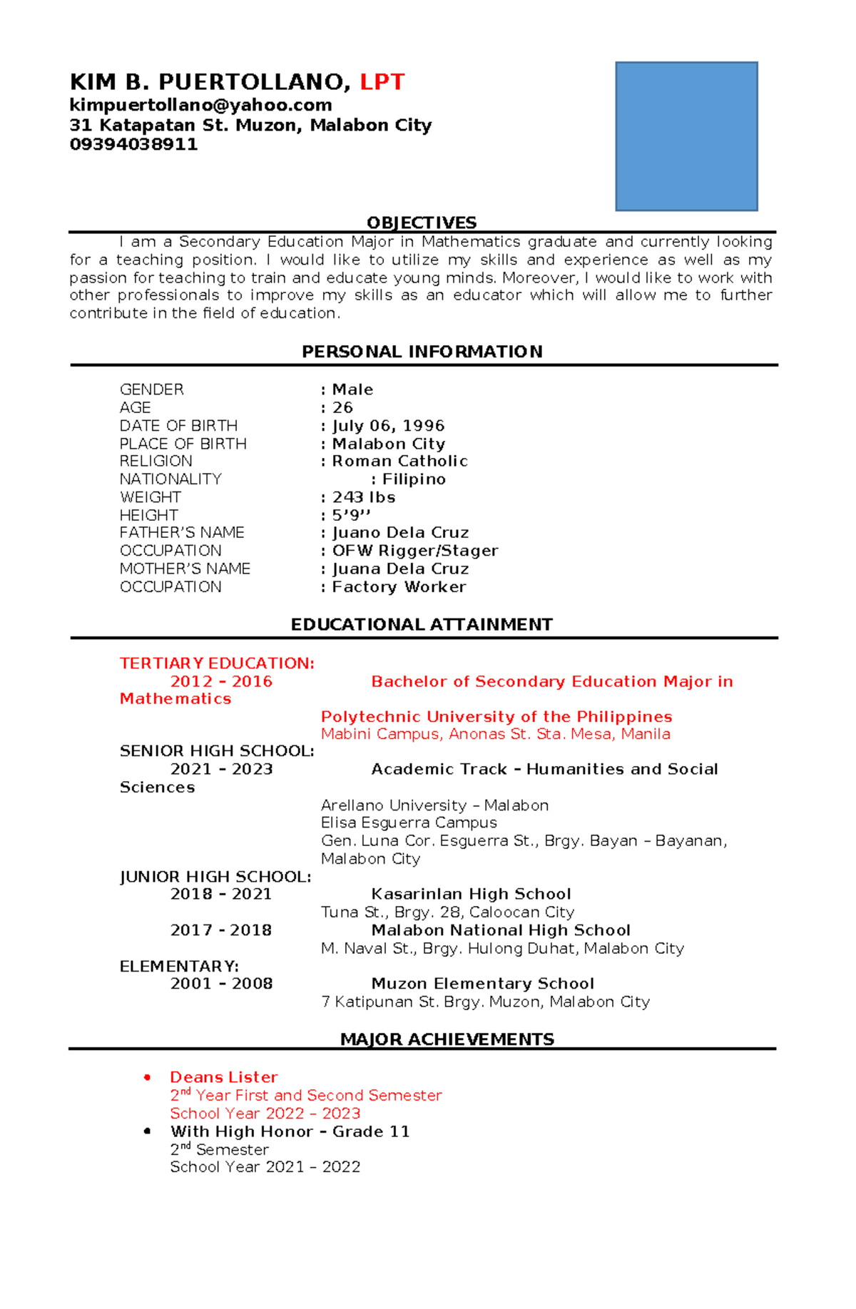 ALL Strand Final Resume Format Sample COPY - KIM B. PUERTOLLANO, LPT ...
