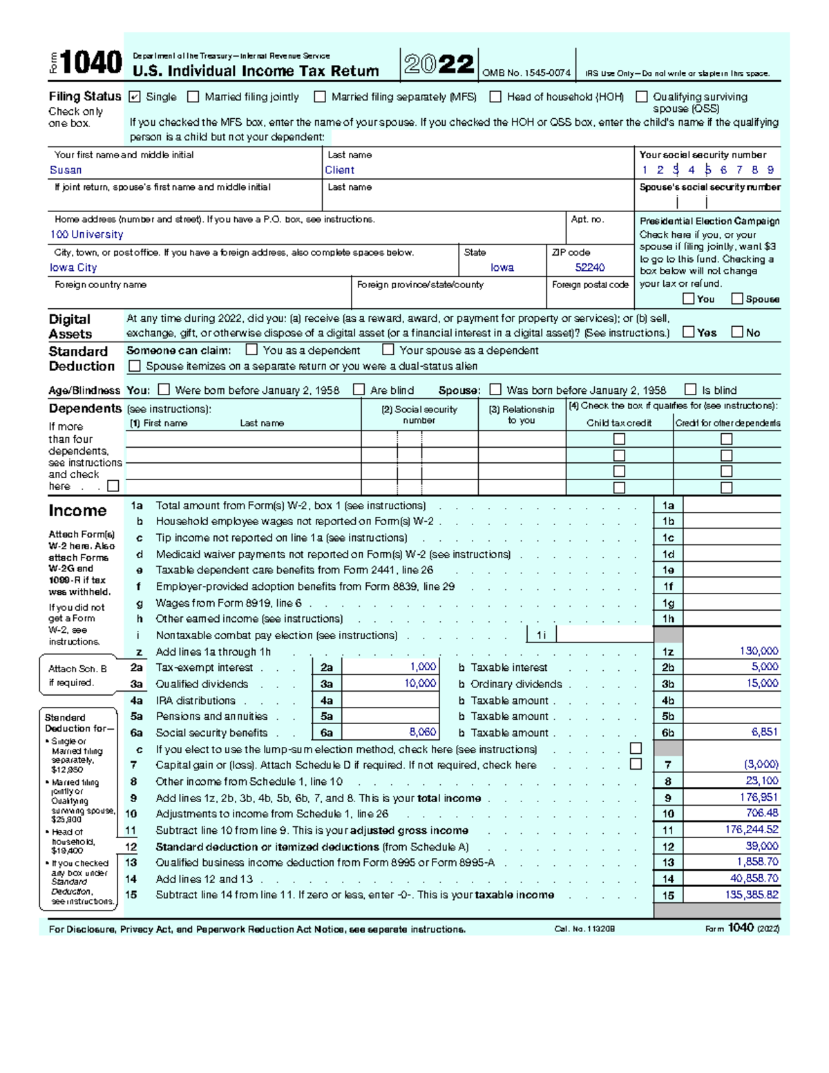 Tax Project #1 - Form 1040 U. Individual Income Tax Return 2022 ...