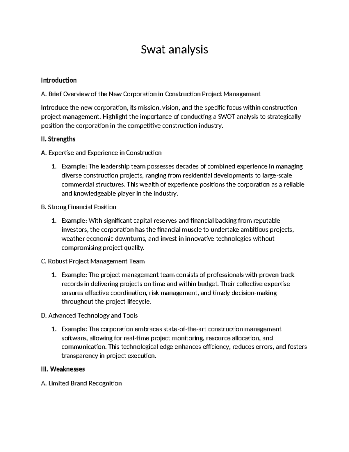 CONS 6003 - Assignment 1 - Swat analysis Introduction A. Brief Overview ...