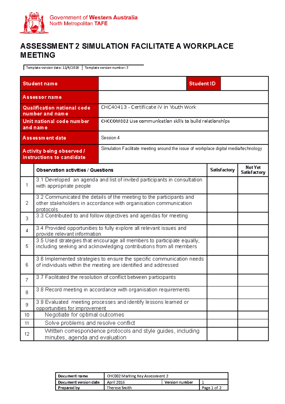 Chccom 002 Marking Key Asessment 1 - ASSESSMENT 2 SIMULATION FACILITATE ...