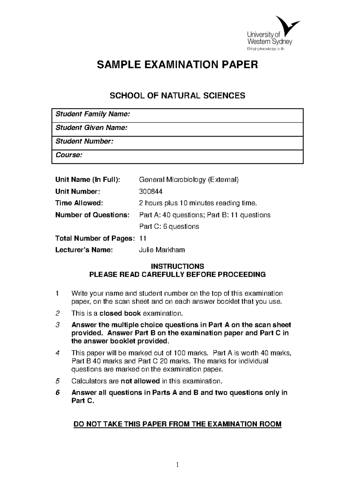 EXAM 2014, questions and answers - SAMPLE EXAMINATION PAPER SCHOOL OF NATURAL SCIENCES Student ...
