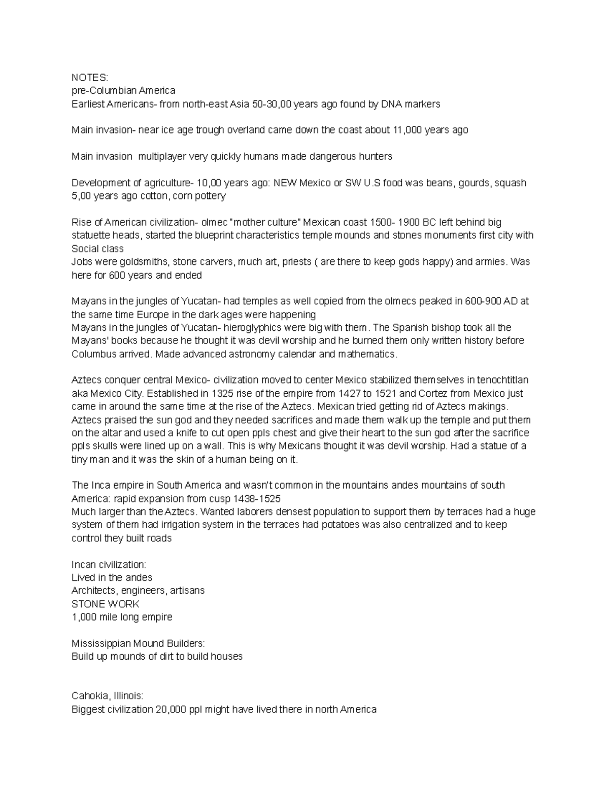 Exam 1 notes - NOTES: pre-Columbian America Earliest Americans- from ...