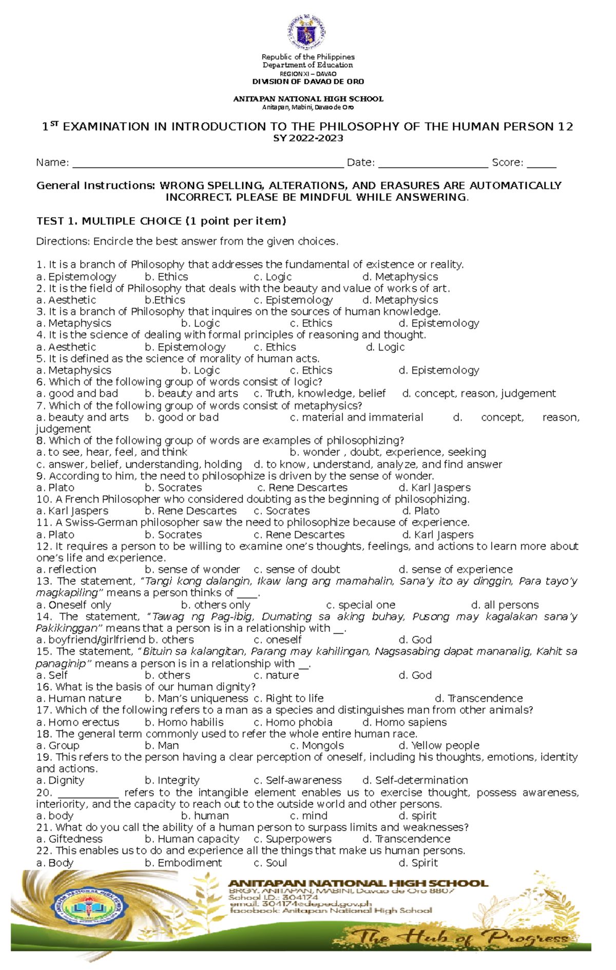 1ST EXAM IN Introduction TO Philo - Republic of the Philippines ...