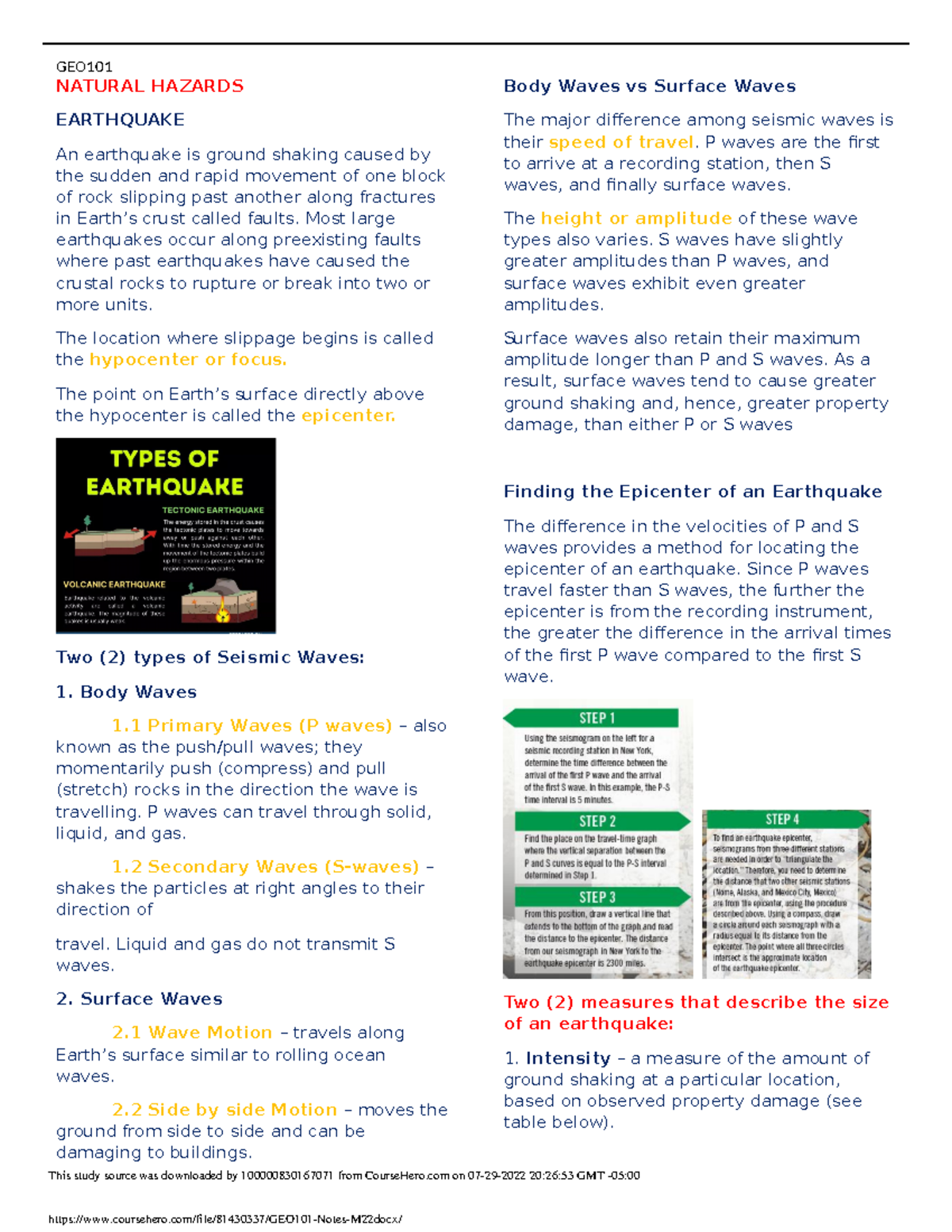 GEO101 Notes M2 - Prof. Manzano - NATURAL HAZARDS EARTHQUAKE An ...