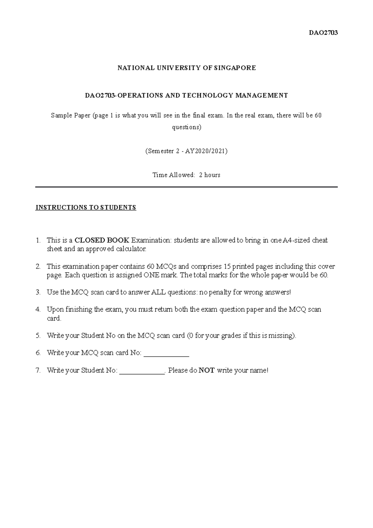 Final Exam Sample Paper 2020 2021 Sem2 - NATIONAL UNIVERSITY OF ...