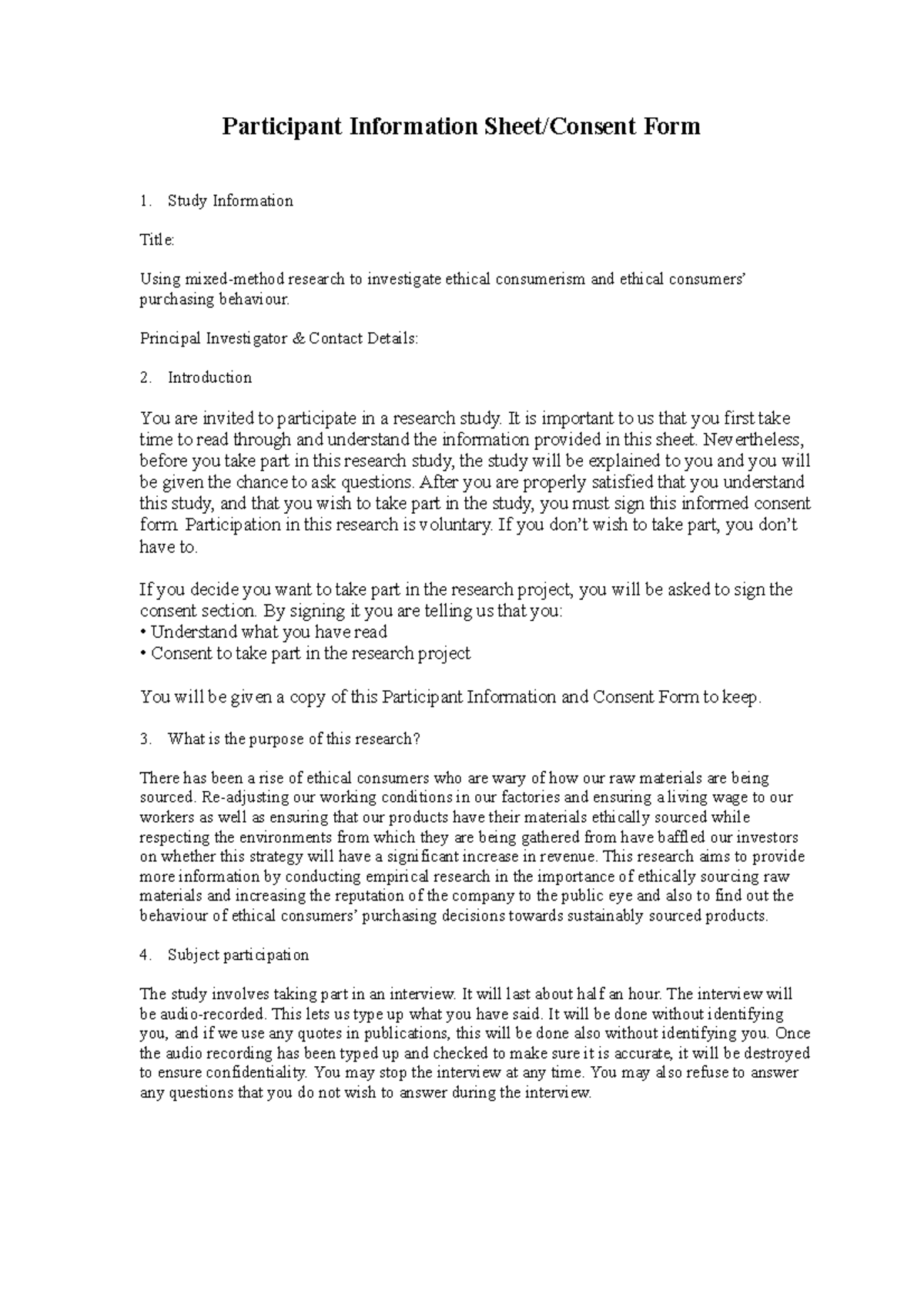 Participant Information Sheet:Consent Form - Participant Information ...