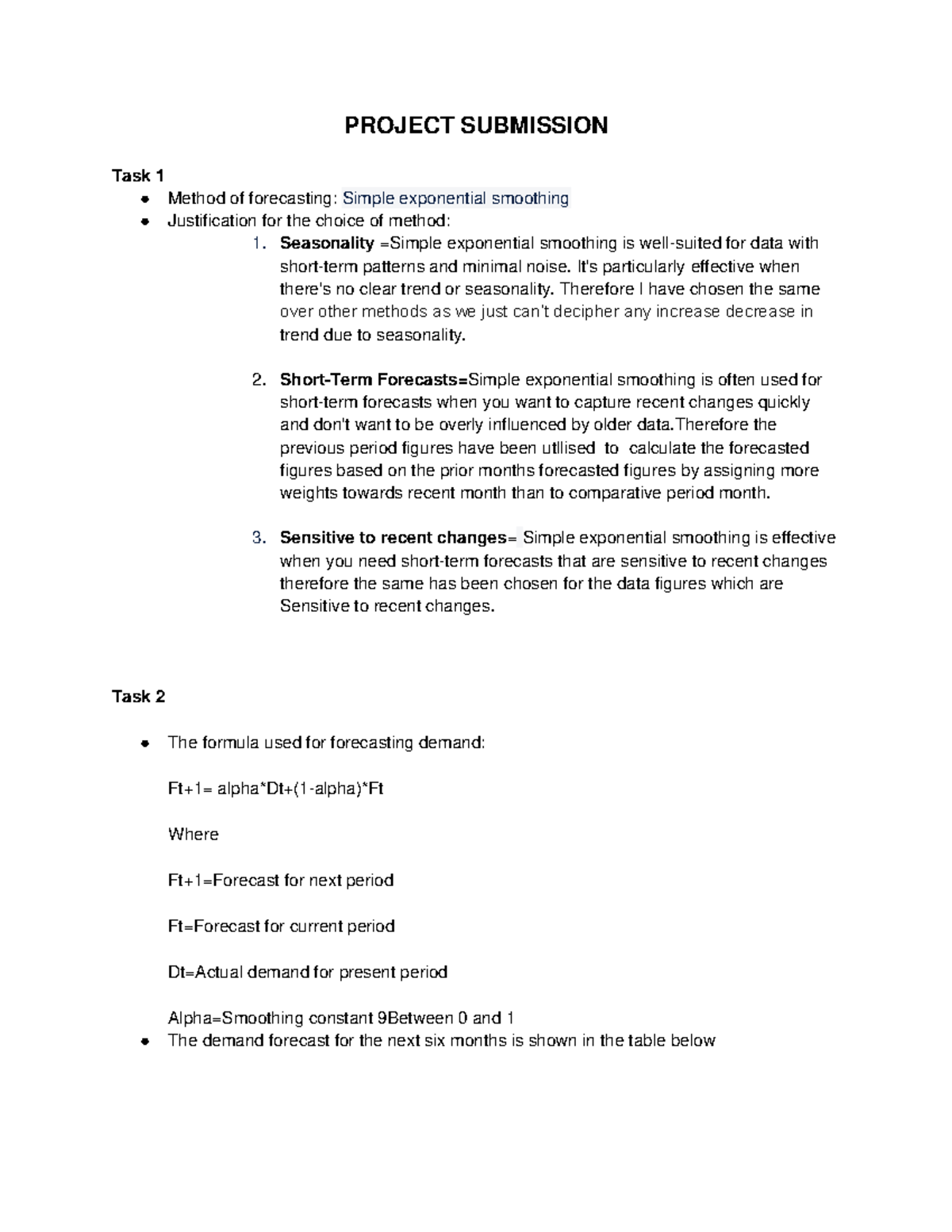 Opscmproject Amit kumar dubey - PROJECT SUBMISSION Task 1 Method of forecasting: Simple - Studocu