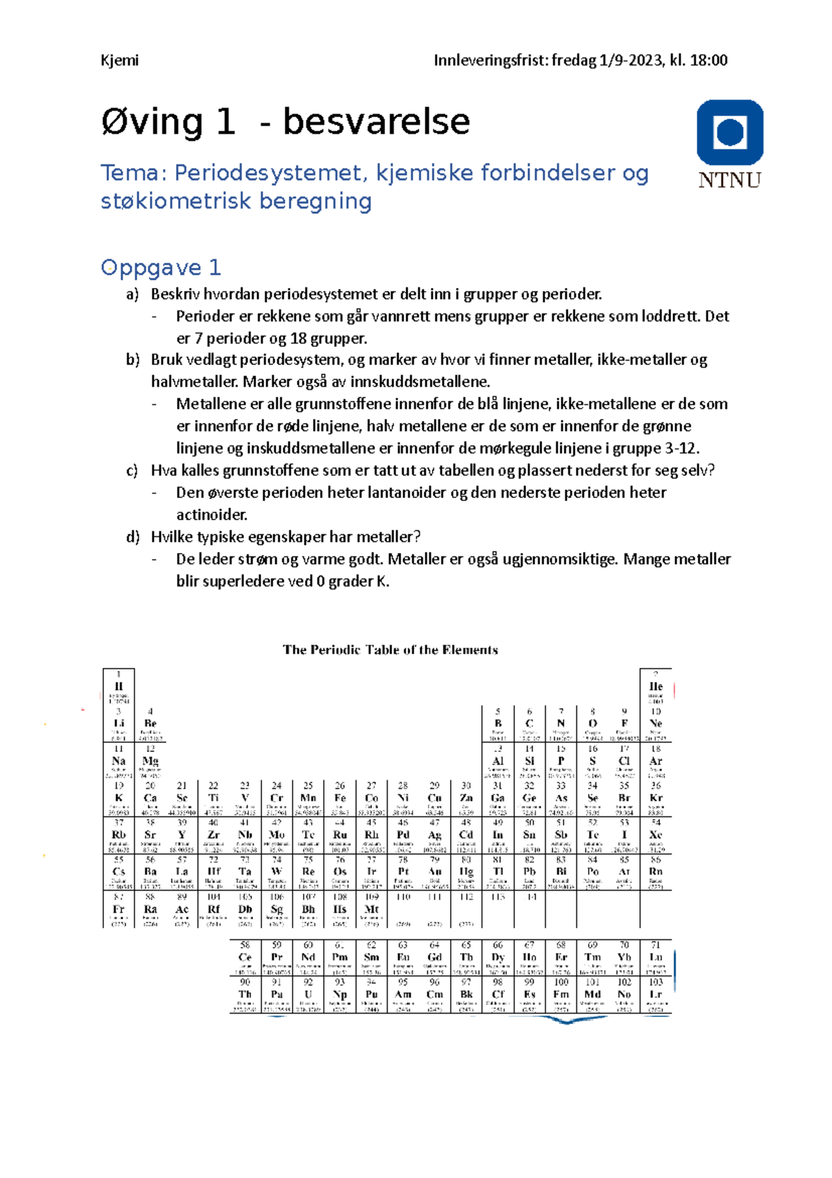 Øving 1 - Øving 1 - besvarelse Tema: Periodesystemet, kjemiske forbindelser og støkiometrisk ...