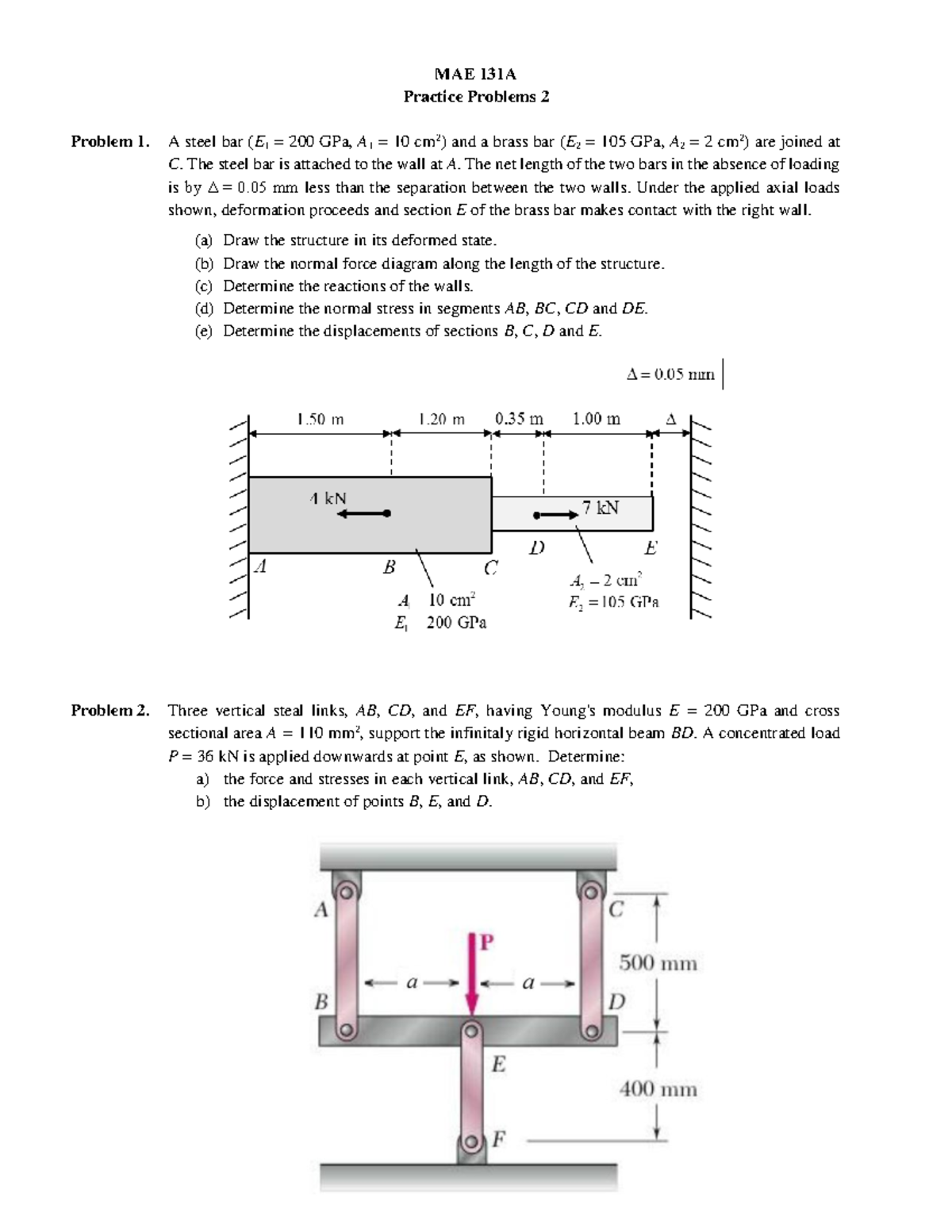 PP2 - Solutions - solid mech - MAE 131A Practice Problems 2 Problem 1. A steel bar (E 1 = 200 ...