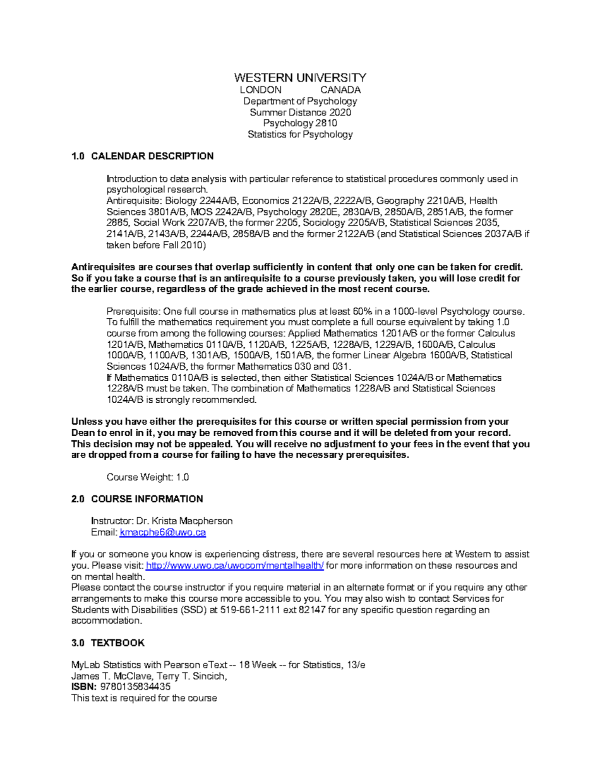 2810 Course Outline 2020 - WESTERN UNIVERSITY LONDON CANADA Department ...