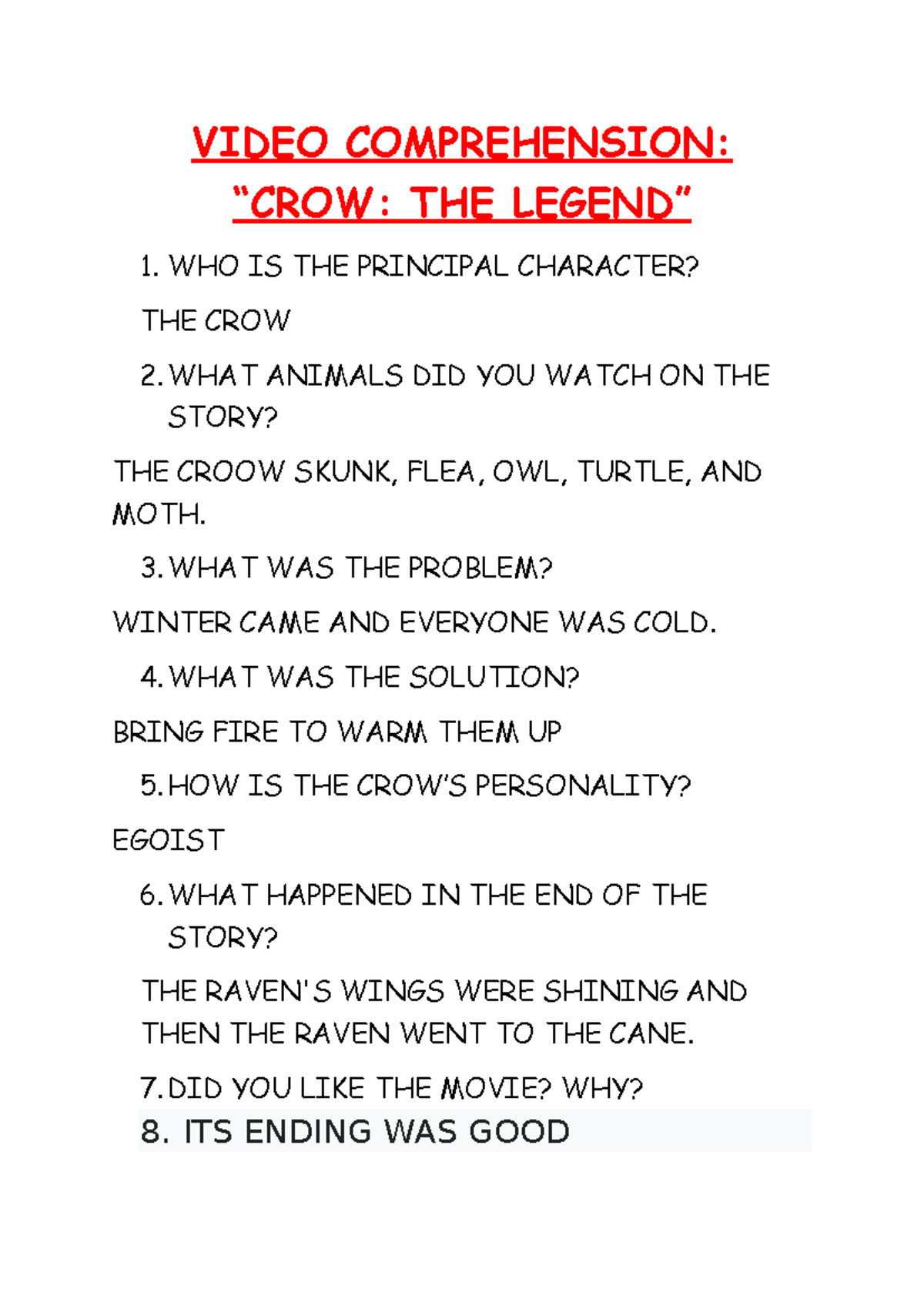 Tarea Ingles - VIDEO COMPREHENSION: “CROW: THE LEGEND” 1. WHO IS THE ...