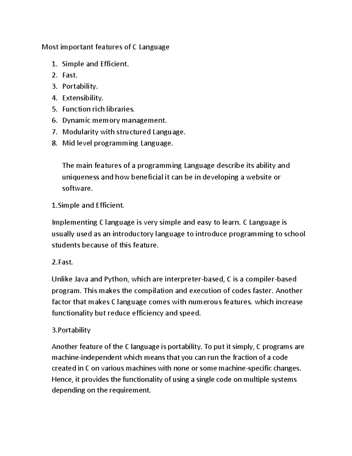 Overview Of C Programming Notes Most Important Features Of C Language Simple And Efficient